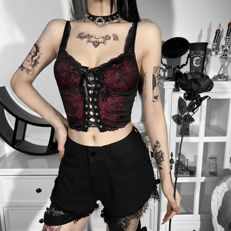 Goth Cross Print Lace Bodycon Crop Tops - Aesthelook